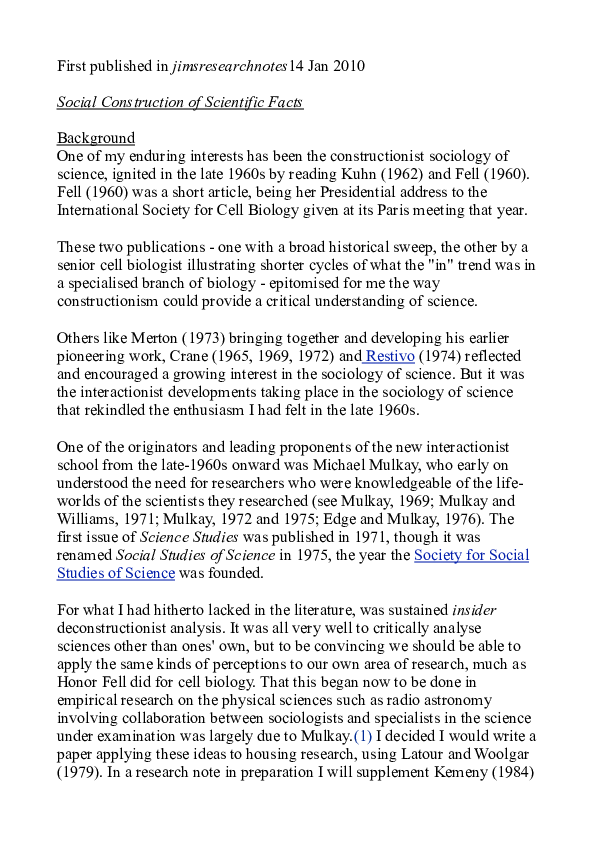 (PDF) Social Construction of Scientific Facts