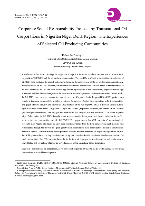 (PDF) Corporate Social Responsibility Projects by Transnational Oil Corporations in Nigerian ...