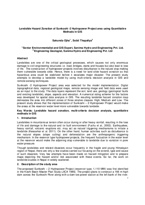 (PDF) Landslide Hazard Zonation of Sunkoshi -2 Hydropower Project area using Quantitative ...