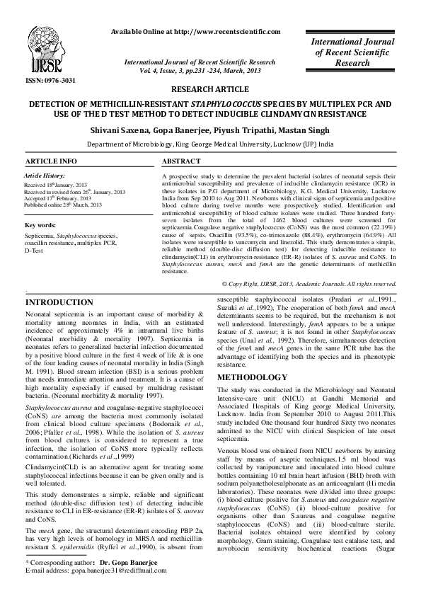 (PDF) DETECTION OF METHICILLIN-RESISTANT STAPHYLOCOCCUS SPECIES BY MULTIPLEX PCR AND USE OF THE ...