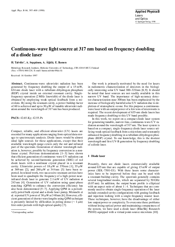 (PDF) Continuous-wave light source at 317 nm based on frequency doubling of a diode laser