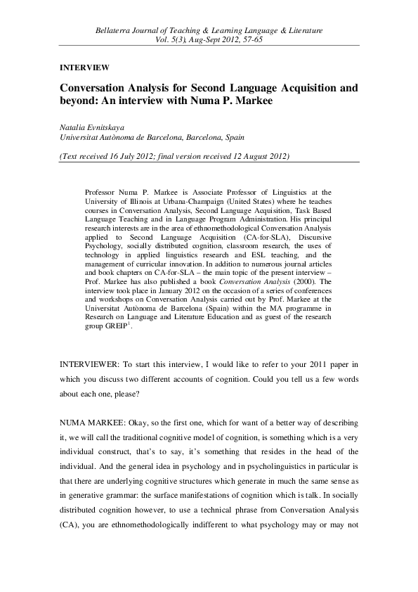 (PDF) Conversation Analysis for Second Language Acquisition and beyond: An interview with Numa P ...