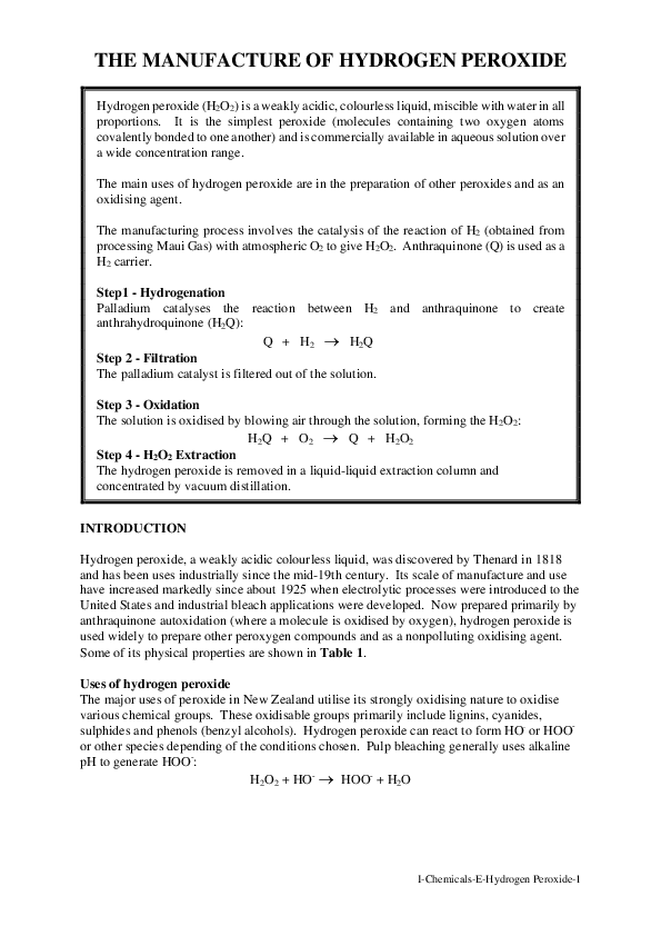 (PDF) I-Chemicals-E-Hydrogen Peroxide-1 THE MANUFACTURE OF HYDROGEN ...