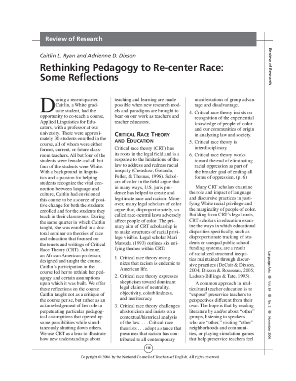 (PDF) Rethinking Pedagogy to Re-center Race: Some Reflections