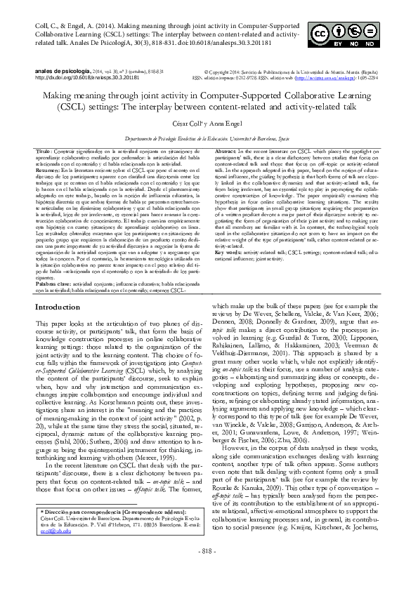 (PDF) Making meaning through joint activity in Computer-Supported Collaborative Learning (CSCL ...