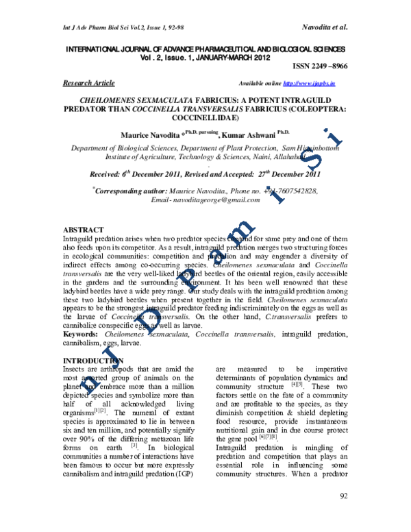 (PDF) CHEILOMENES SEXMACULATA FABRICIUS: A POTENT INTRAGUILD PREDATOR ...