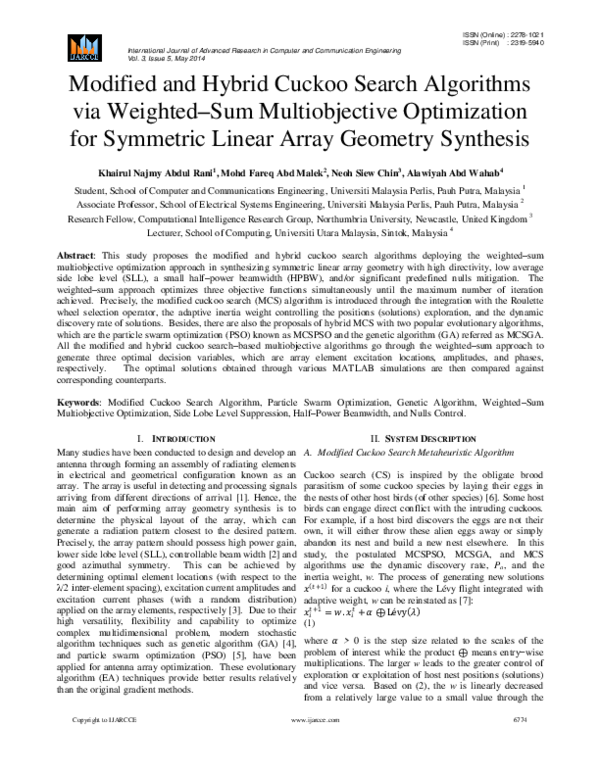 (PDF) Modified and Hybrid Cuckoo Search Algorithms via Weighted–Sum ... (PDF) Modified and Hybrid Cuckoo Search Algorithms via Weighted–Sum ...