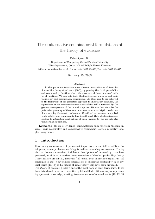 (PDF) Three alternative combinatorial formulations of the theory of evidence