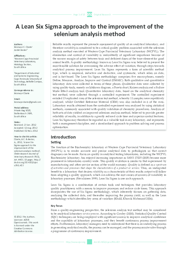 (PDF) Lean Six Sigma Approach to Selenium Analysis