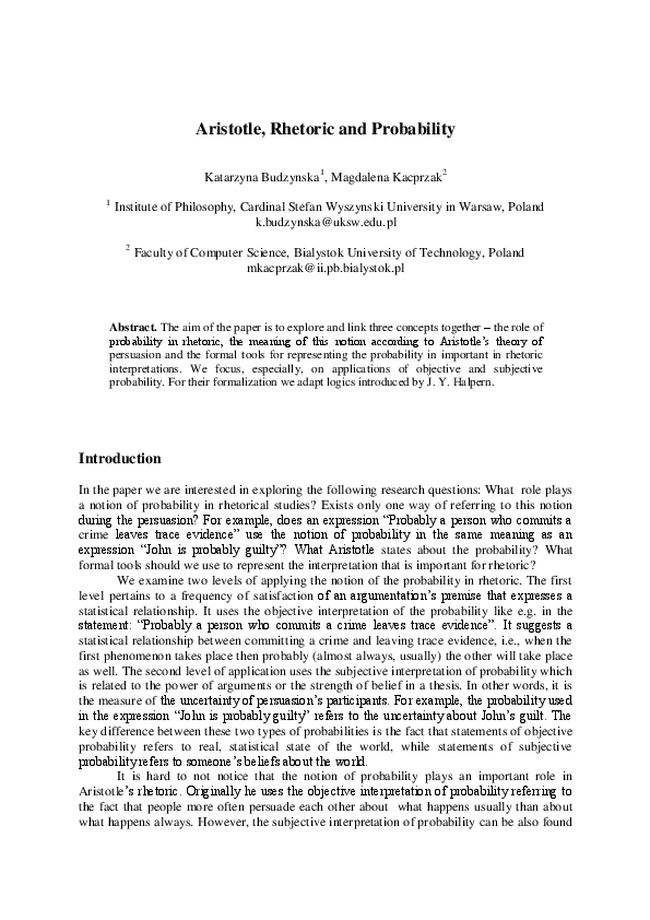 (PDF) Aristotle, Rhetoric and Probability
