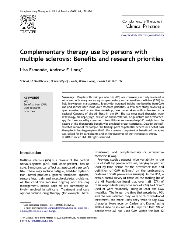 (PDF) Complementary therapy use by persons with multiple sclerosis ...