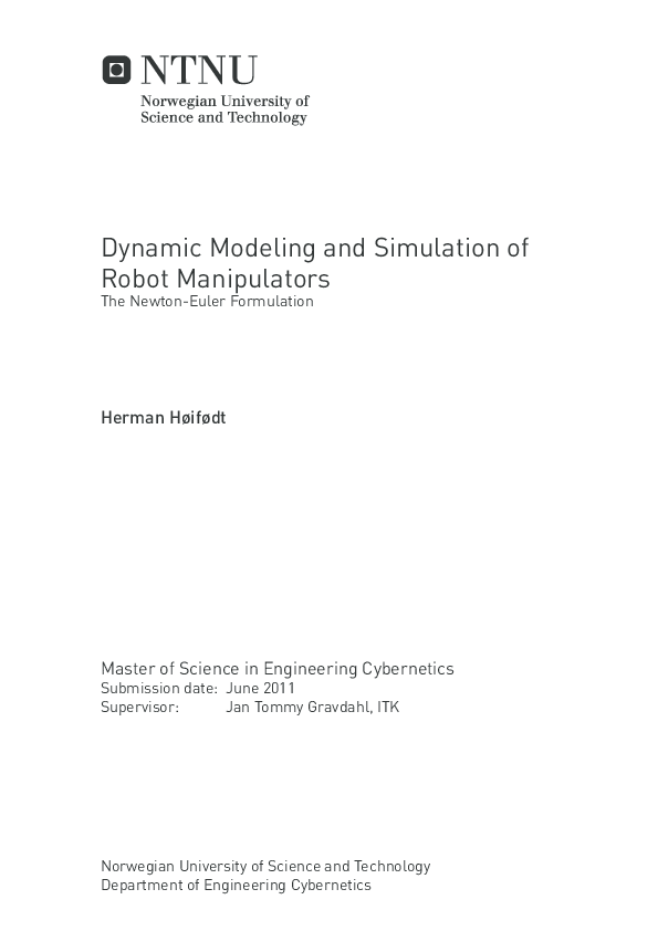 Pdf Master Of Science In Engineering Cybernetics Dynamic Modeling And Simulation Of Robot