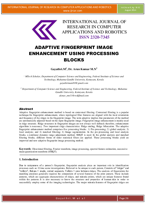 ADAPTIVE FINGERPRINT IMAGE ENHANCEMENT USING PROCESSING BLOCKS﻿