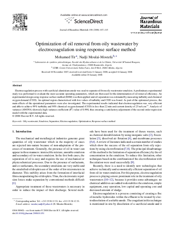 (PDF) Optimization of oil removal from oily wastewater by ...