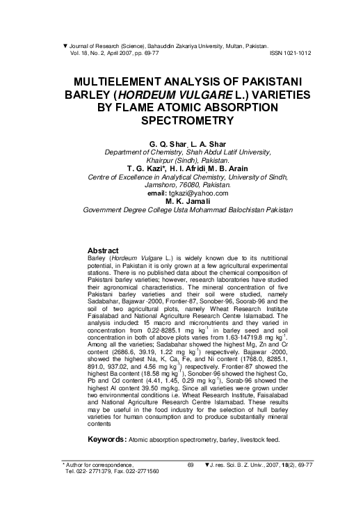 (PDF) MULTIELEMENT ANALYSIS OF PAKISTANI BARLEY (HORDEUM VULGARE L.) VARIETIES BY FLAME ATOMIC ...