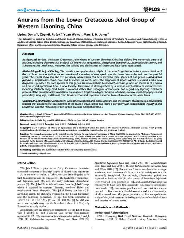 (PDF) Anurans from the Lower Cretaceous Jehol Group of Western Liaoning ...