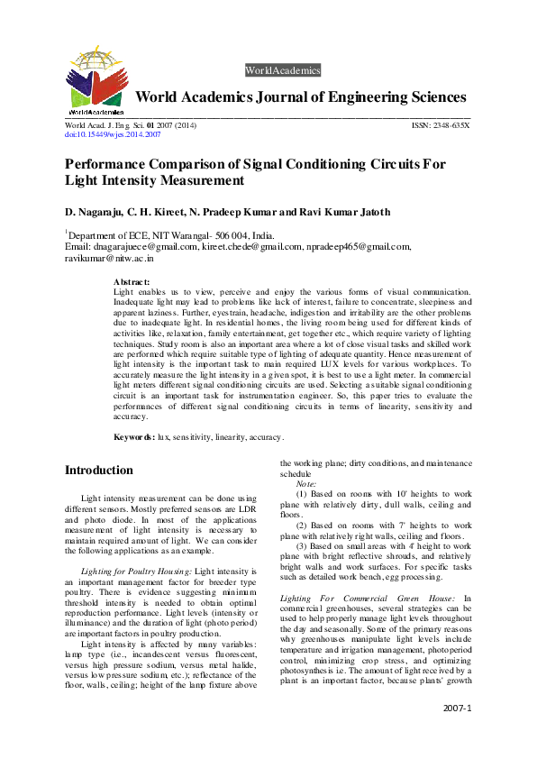 (PDF) Performance Comparison of Signal Conditioning Circuits For Light Intensity Measurement