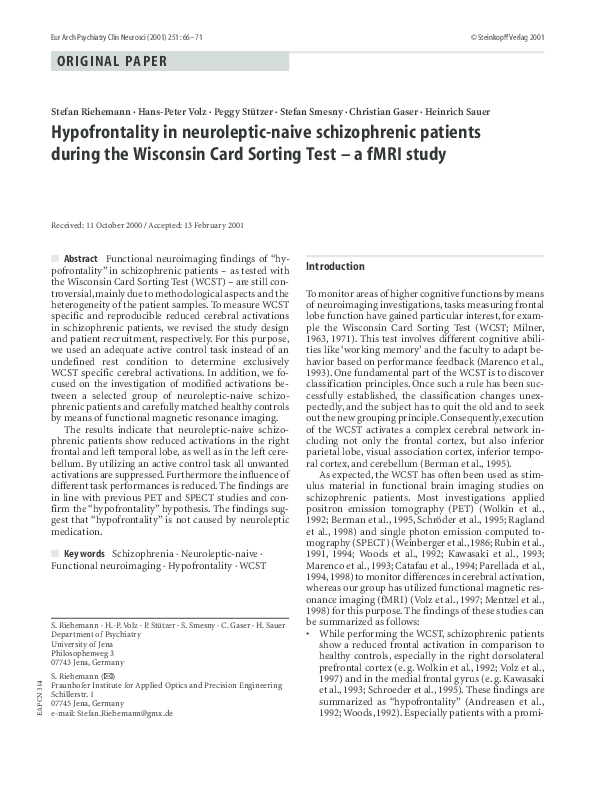 (PDF) Hypofrontality in neuroleptic-naive schizophrenic patients during ...