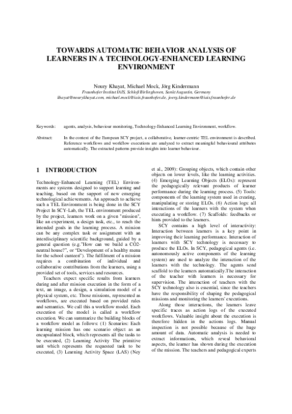 (PDF) TOWARDS AUTOMATIC BEHAVIOR ANALYSIS OF LEARNERS IN A TECHNOLOGY ...