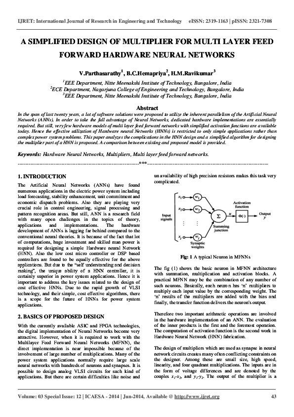 (PDF) A SIMPLIFIED DESIGN OF MULTIPLIER FOR MULTI LAYER FEED FORWARD HARDWARE NEURAL NETWORKS