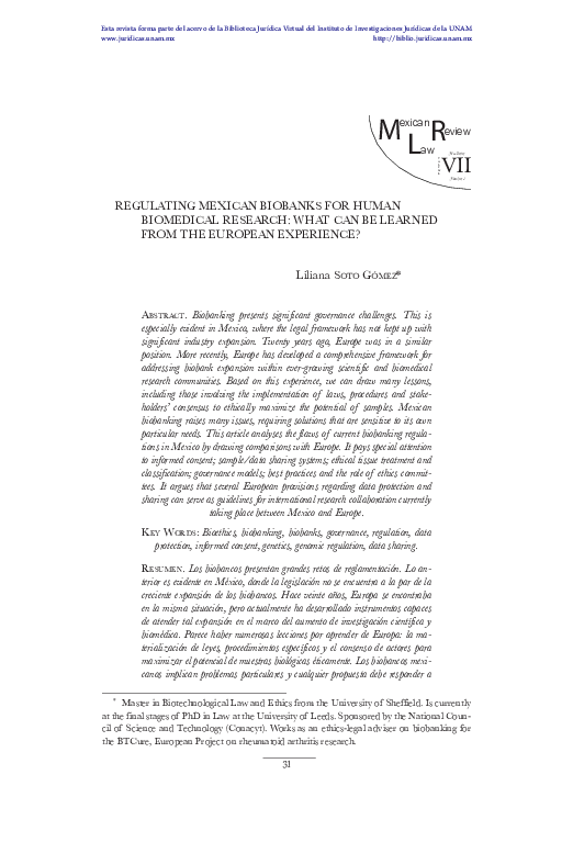 (PDF) Regulating Mexican Biobanks for Human Biomedical Research: What Can Be Learned from the ...
