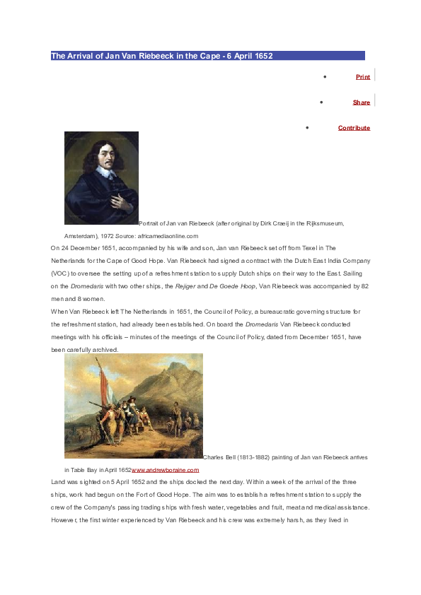 (DOC) The Arrival of Jan Van Riebeeck in the Cape -6 April 1652