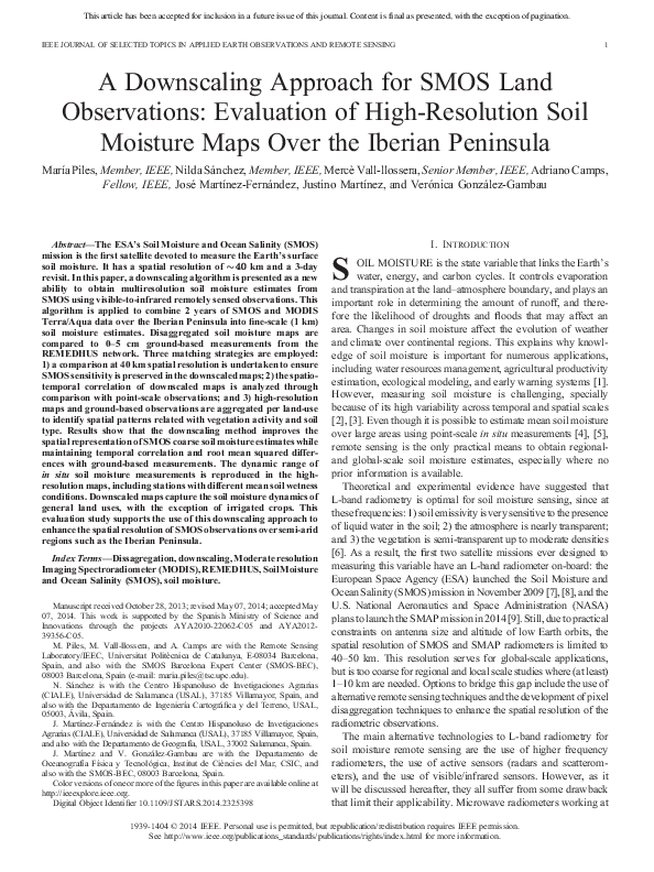 (PDF) A Downscaling Approach for SMOS Land Observations: Evaluation of High-Resolution Soil ...