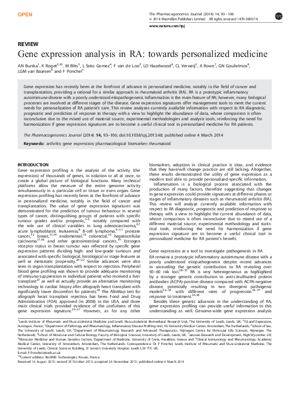 (PDF) Gene expression analysis in RA: towards personalized medicine