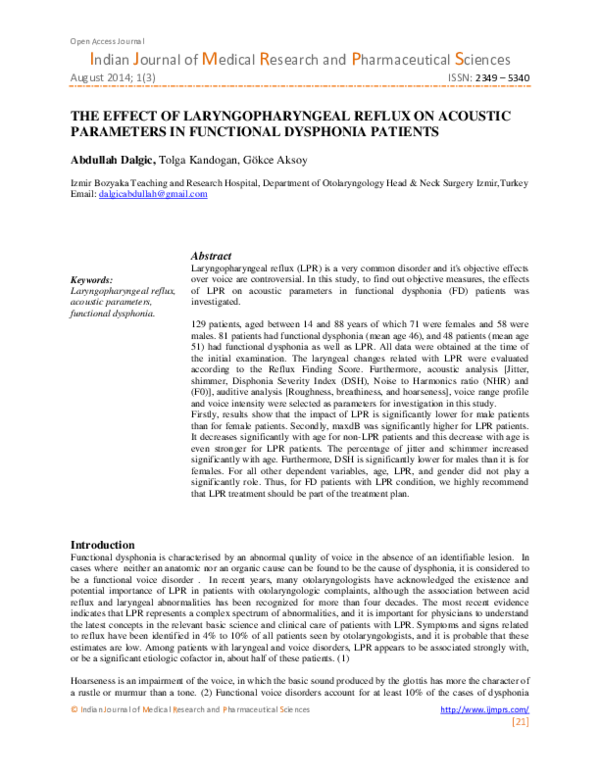 (PDF) THE EFFECT OF LARYNGOPHARYNGEAL REFLUX ON ACOUSTIC PARAMETERS IN FUNCTIONAL DYSPHONIA PATIENTS