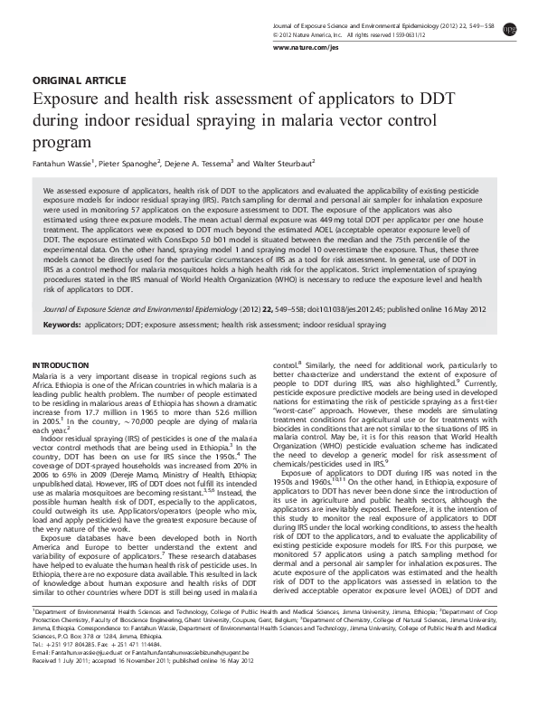 (PDF) Exposure and health risk assessment of applicators to DDT during ...