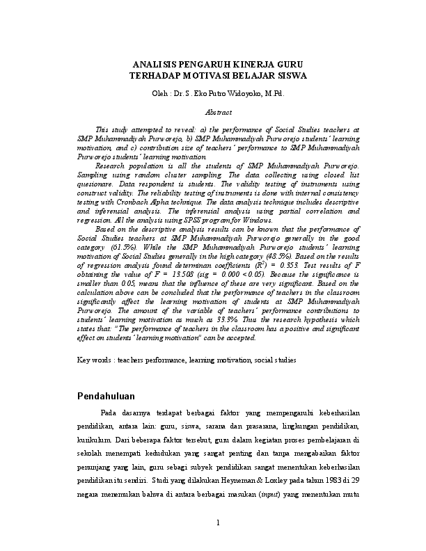 (PDF) ANALISIS PENGARUH KINERJA GURU TERHADAP MOTIVASI BELAJAR SISWA