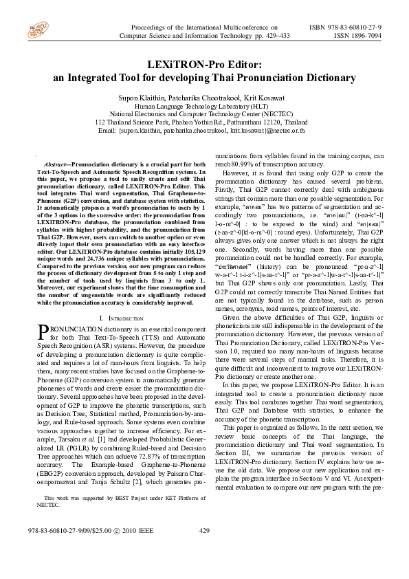 (PDF) LEXiTRON-Pro Editor: An Integrated Tool for developing Thai ...