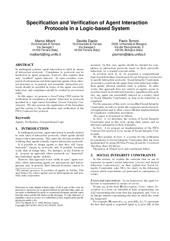 Pdf Specification And Verification Of Agent Interaction Protocols In