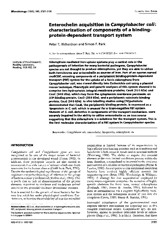(PDF) Enterochelin Acquisition In Campylobacter Coli: Characterization ...