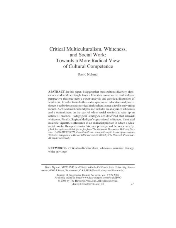 (PDF) CRITICAL MULTICULTURALISM, WHITENESS, AND SOCIAL WORK: TOWARDS A ...