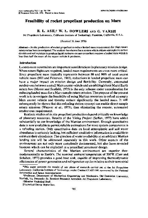 Pdf Feasibility Of Rocket Propellant Production On Mars