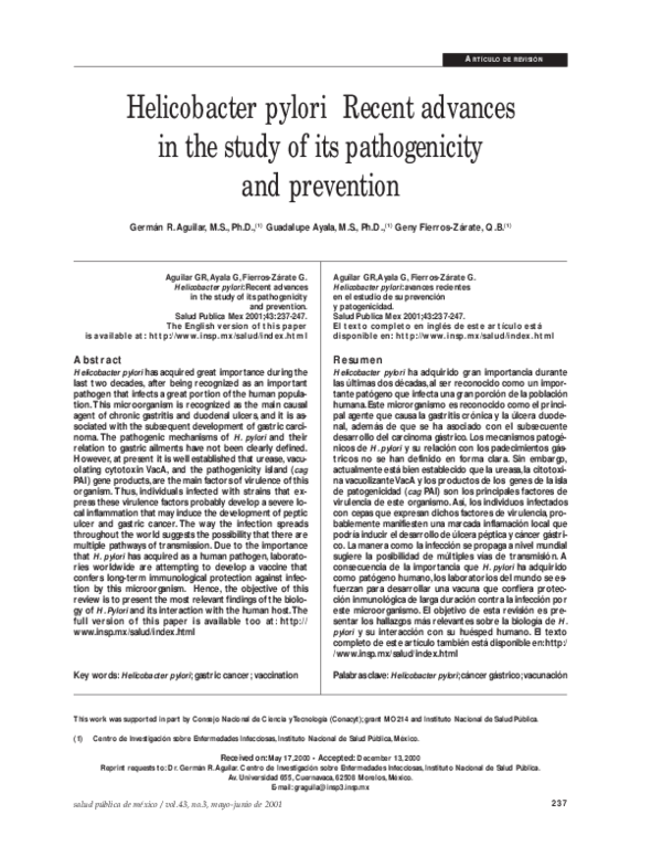 (PDF) Helicobacter pylori: recent advances in the study of its ...