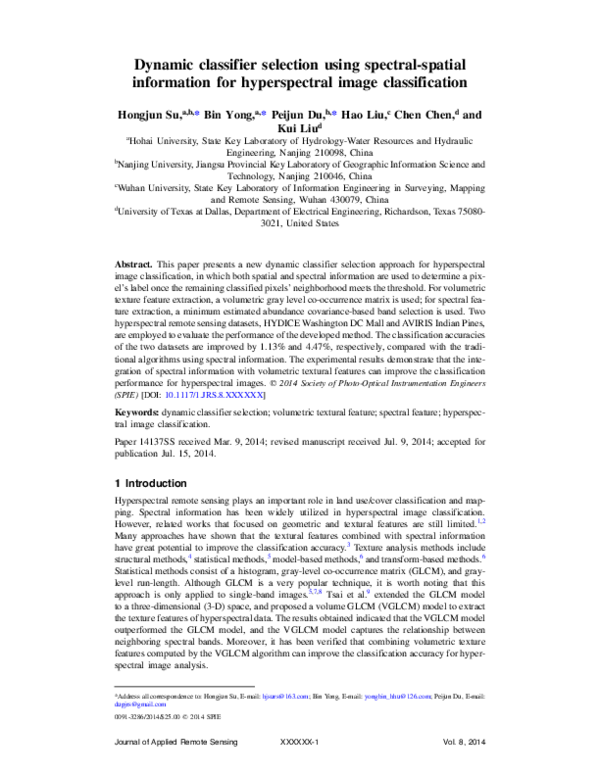 Pdf Dynamic Classifier Selection Using Spectral Spatial Information For Hyperspectral Image