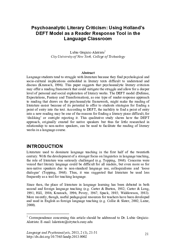 (PDF) Psychoanalytic Literary Criticism: Using Holland's DEFT Model as ...