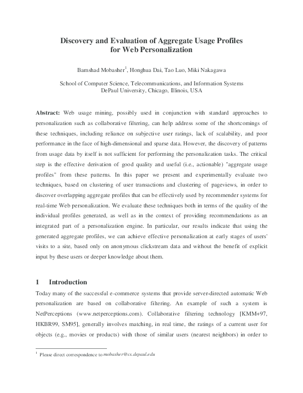 Pdf Data Mining For Web Personalization Bamshad Mobasher