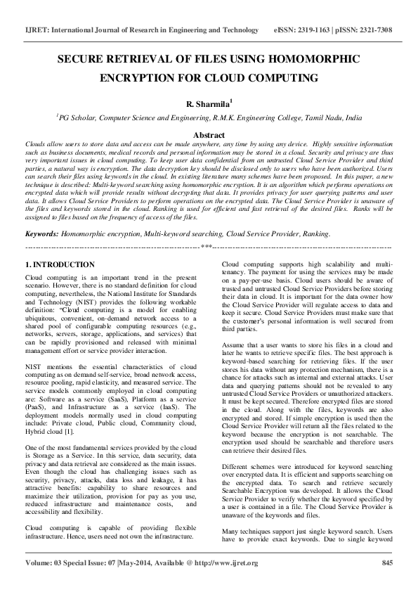 Pdf Secure Retrieval Of Files Using Homomorphic Encryption For Cloud Computing