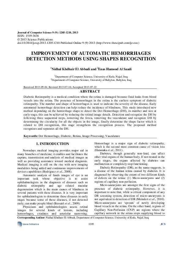 Pdf Improvement Of Automatic Hemorrhages Detection Methods Using Shapes Recognition Nidhal