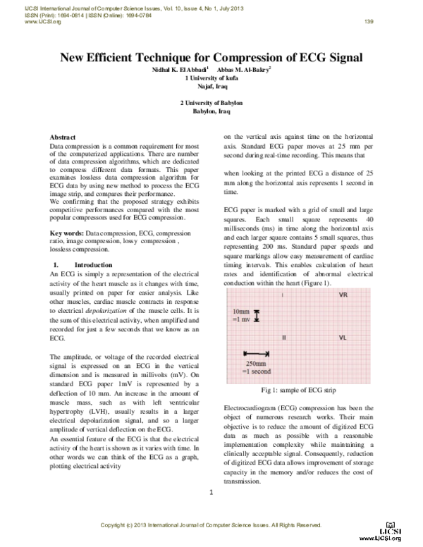 Pdf New Efficient Technique For Compression Of Ecg Signal