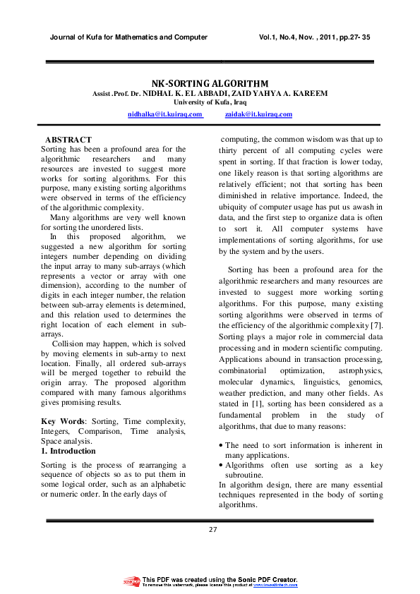 (PDF) NK-SORTING ALGORITHM
