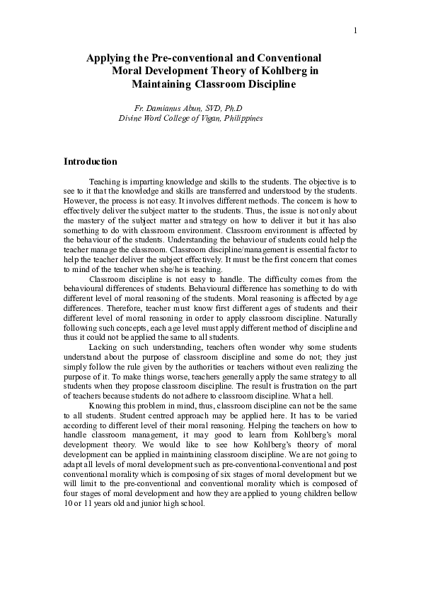 (DOC) Applying the Pre-Conventional and Conventional Moral Development ...