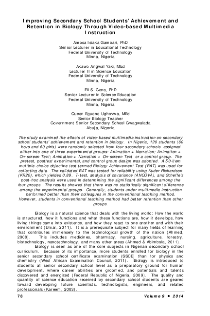 Effects of video-based multimedia instruction on secondary school ...