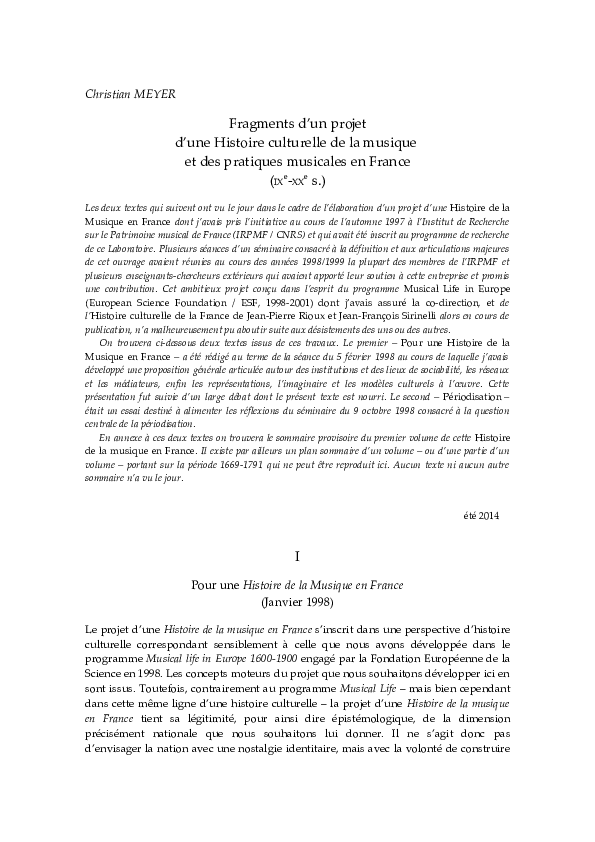 (PDF) Fragments d’un projet d’une Histoire culturelle de la musique et ...