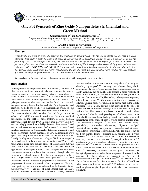 (PDF) One Pot Synthesis of Zinc Oxide Nanoparticles via Chemical and ...