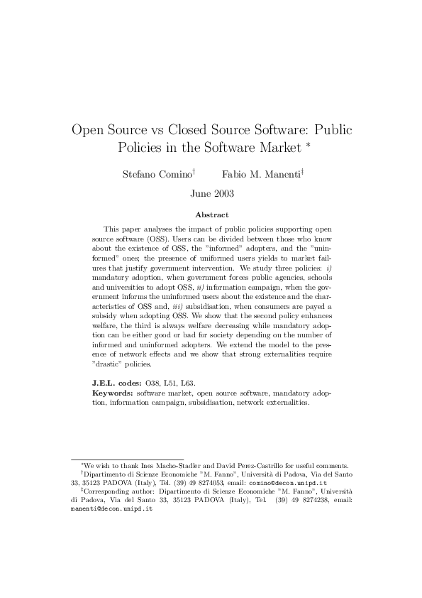 (PDF) Open Source vs Closed Source Software: Public Policies in the Software Market