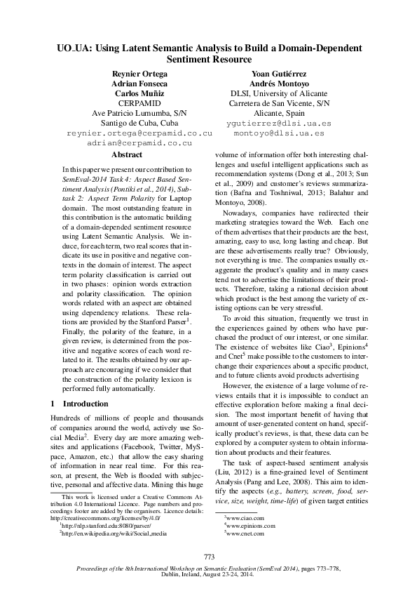Pdf Uo Ua Using Latent Semantic Analysis To Build A Domain Dependent Sentiment Resource